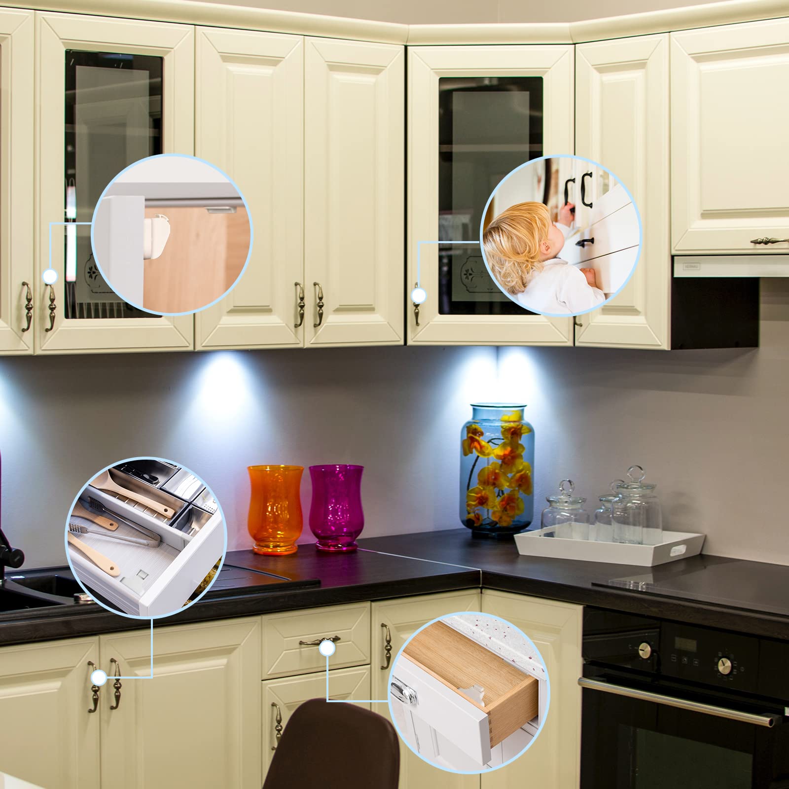 Baby Proofing (20 Locks and 2 Keys) -Child Magnetic Cabinet Locks with Lighting Function, Fit Most Cabinets and Drawers