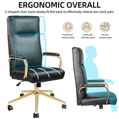 Toszn Executive Office Chair Gold, High Back Executive Office Chair with Back Support and Armrest, Leather Office Chair for Women, Desk Chairs with Wheels and Gold Legs, Black