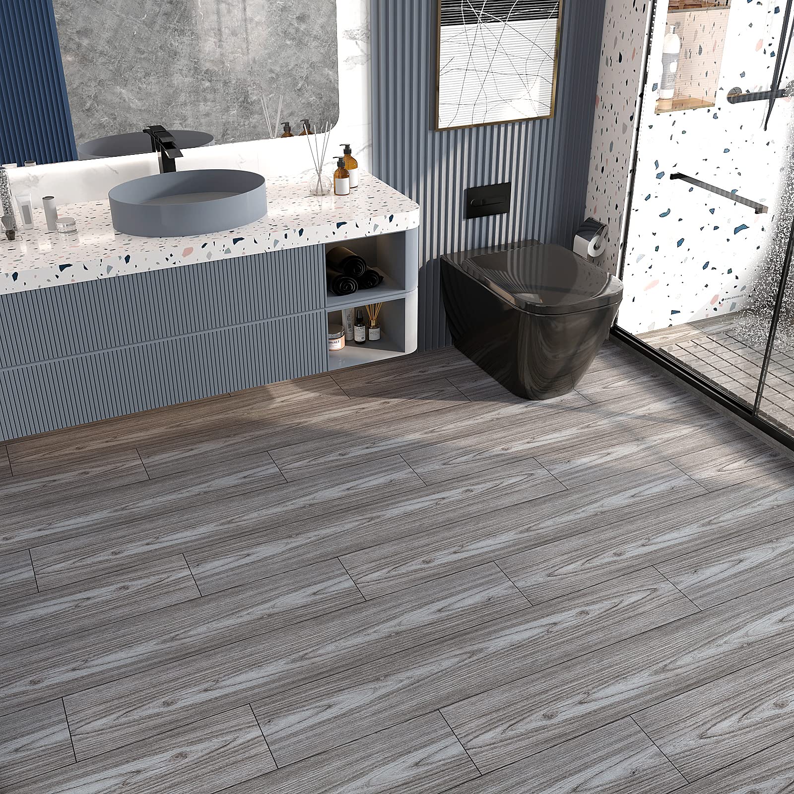 VEELIKE Grey Oak Wood Vinyl Plank Flooring Peel and Stick Waterproof Wood Grain Vinyl Floor Tiles 6''x36'' Self Adhesive Grey Laminate Tile Flooring for Bathroom Kitchen Bedroom RV (4-Pack, 6 Sq. Ft.)