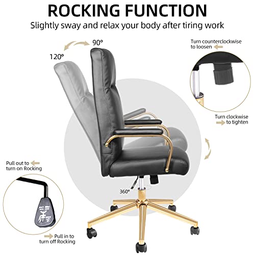 Toszn Executive Office Chair Gold, High Back Executive Office Chair with Back Support and Armrest, Leather Office Chair for Women, Desk Chairs with Wheels and Gold Legs, Black