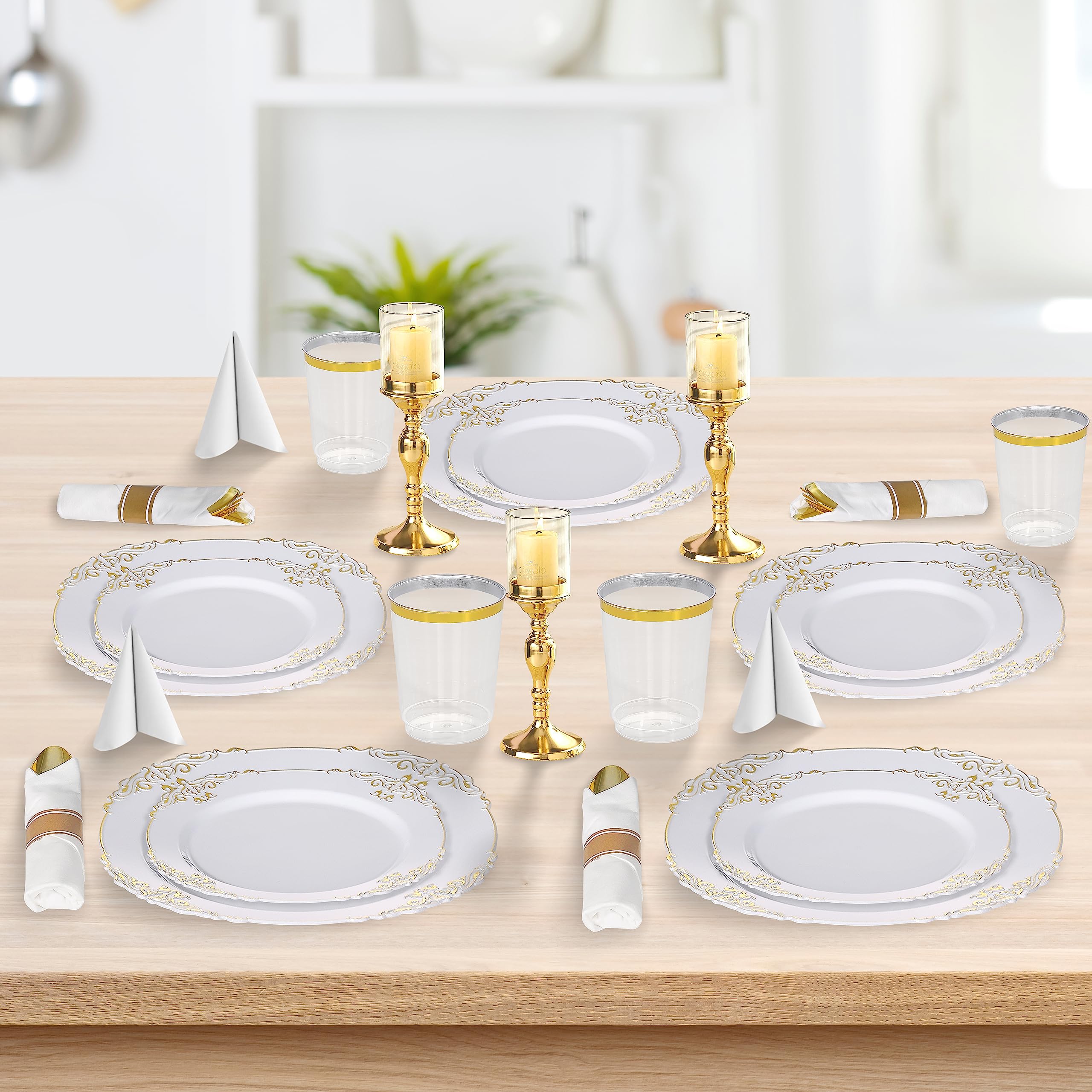 50 Gold Wrapped Plastic Cutlery Set with Napkin - By Zulzzy- Individually Pre Rolled Gold Silverware Disposable Ideal for Parties, Weddings, 50 Forks, Spoons & Knives with White Napkins