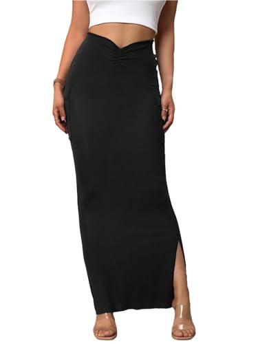SOLY HUX Women's Y2K Skirt Long Split Solid Maxi Casual Pencil Bodycon Skirts Cargo Skirt with Pockets Solid Dark Black S