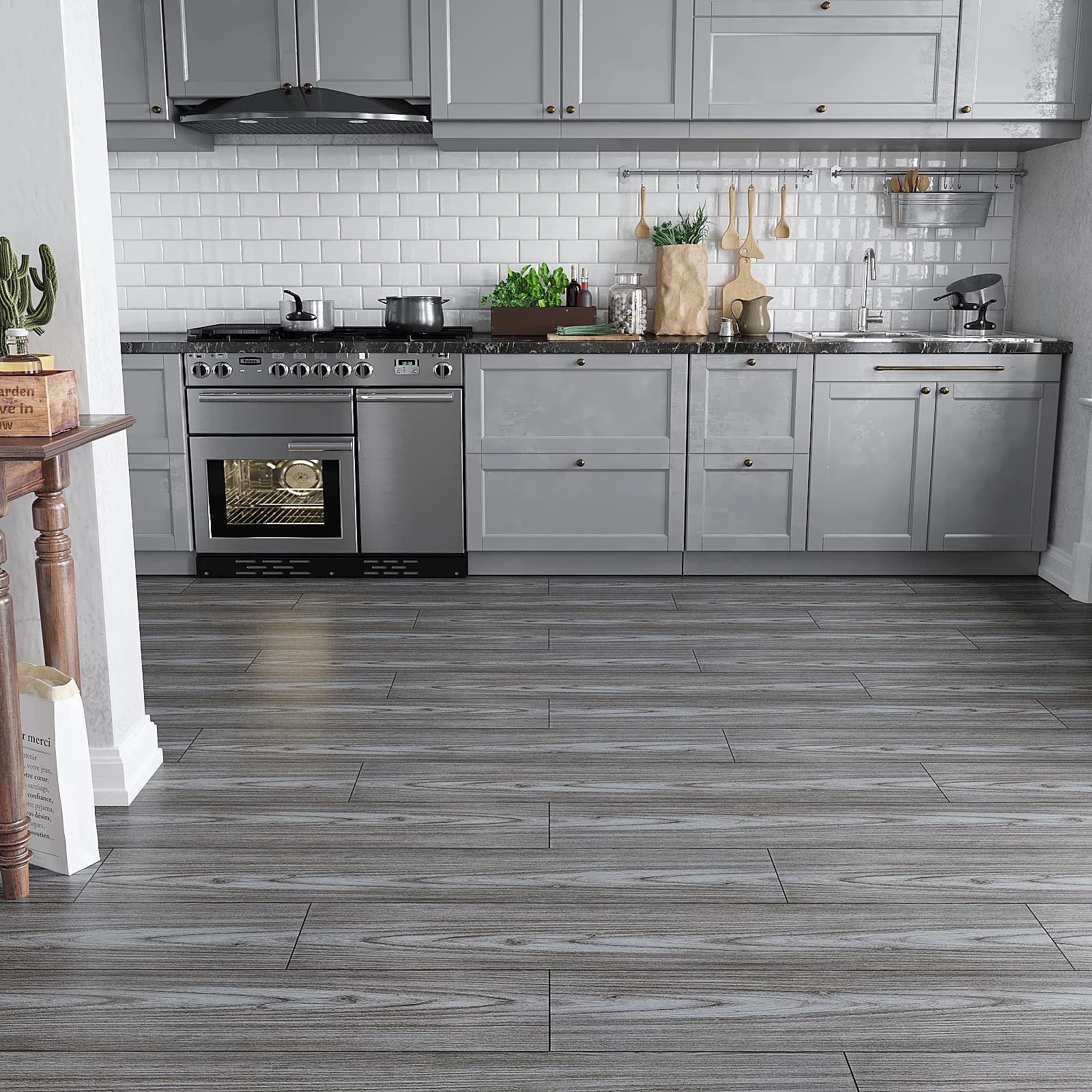 VEELIKE Grey Oak Wood Vinyl Plank Flooring Peel and Stick Waterproof Wood Grain Vinyl Floor Tiles 6''x36'' Self Adhesive Grey Laminate Tile Flooring for Bathroom Kitchen Bedroom RV (4-Pack, 6 Sq. Ft.)