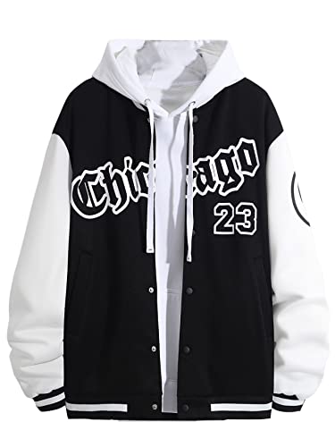 SOLY HUX Men's Varsity Jacket Letter Print Color Block Long Sleeve Baseball Jacket Bomber Coat Black and White M