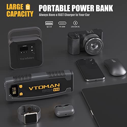 VTOMAN V10 Jump Starter, 2500A for 9L Gas and 7L Diesel Engine with PD30W Two-Way Quick Charge, Car Battey Charger Jump Box Portable, 12V Auto Battery Booster Power Pack with Jumper Cable WorkLight