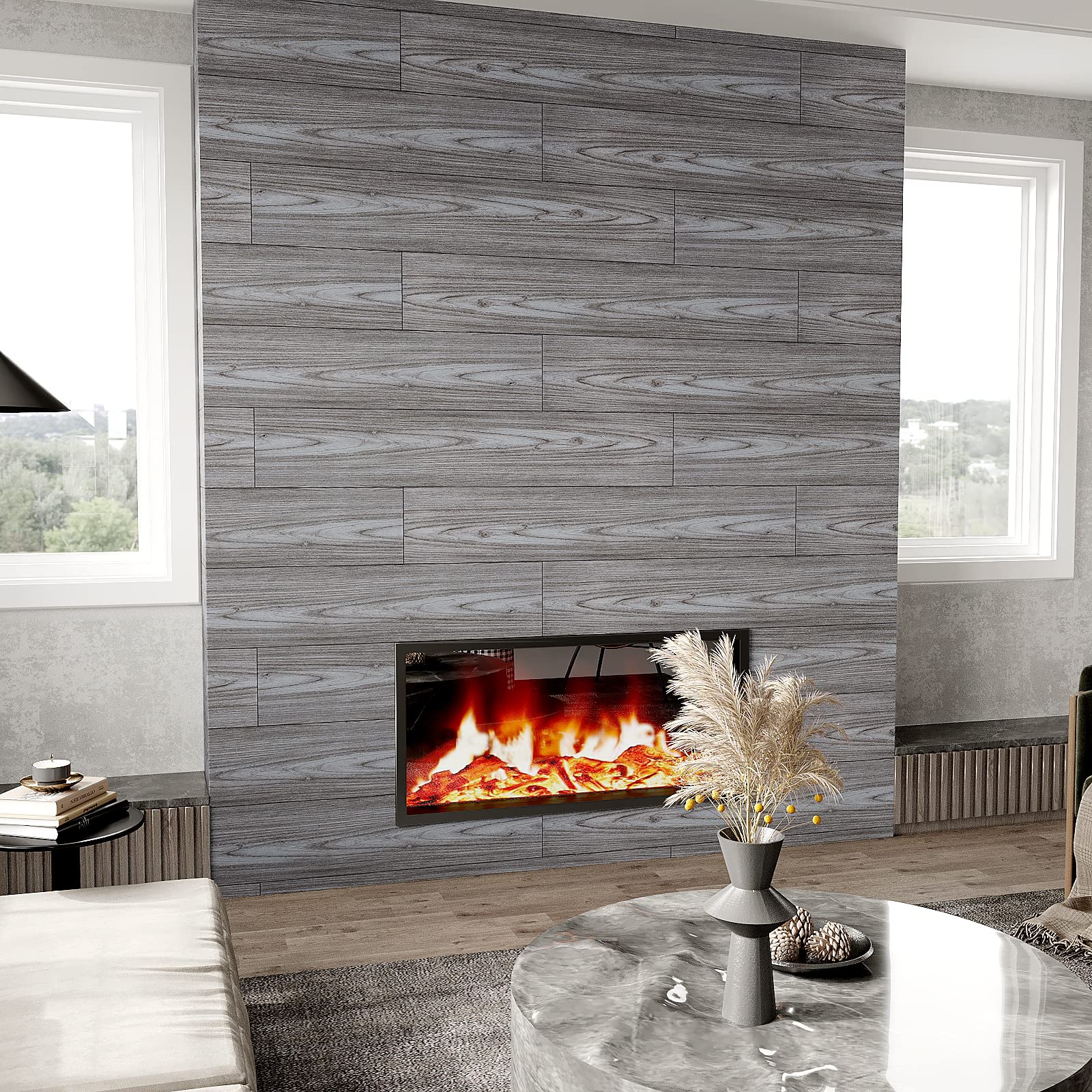 VEELIKE Grey Oak Wood Vinyl Plank Flooring Peel and Stick Waterproof Wood Grain Vinyl Floor Tiles 6''x36'' Self Adhesive Grey Laminate Tile Flooring for Bathroom Kitchen Bedroom RV (4-Pack, 6 Sq. Ft.)