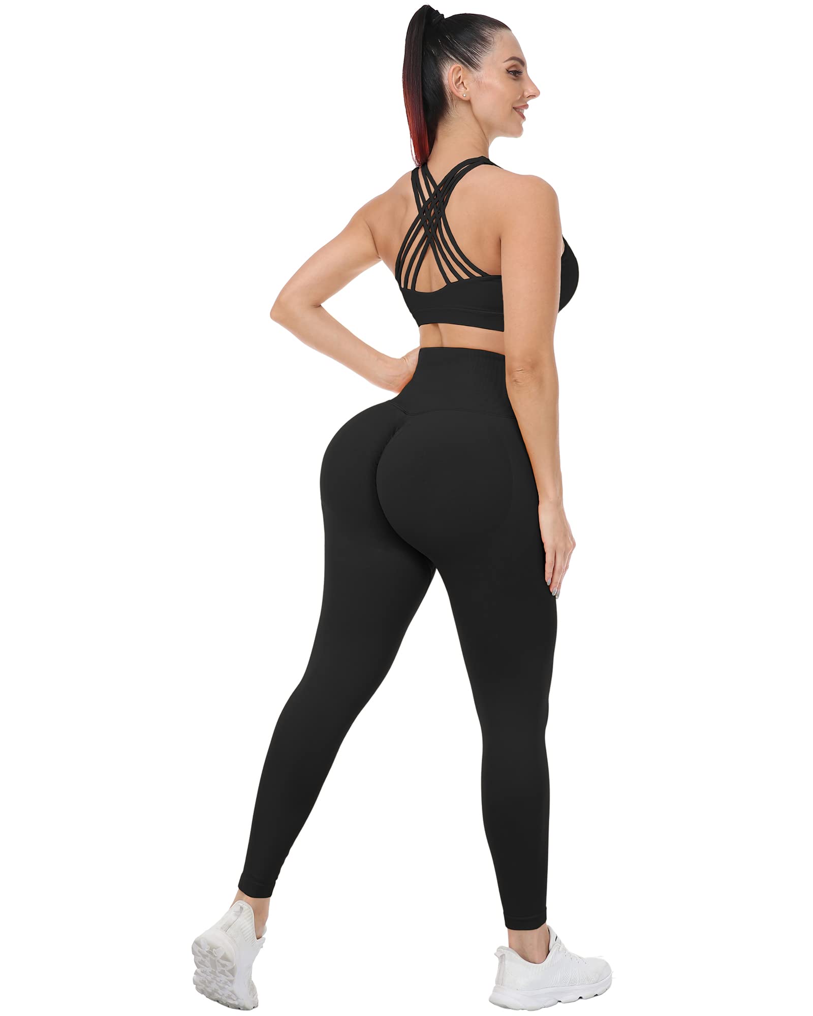 CHRLEISURE 3 Piece Workout Leggings Sets for Women, Gym Scrunch Butt Butt Lifting Seamless Leggings (AMZ025, Black M)
