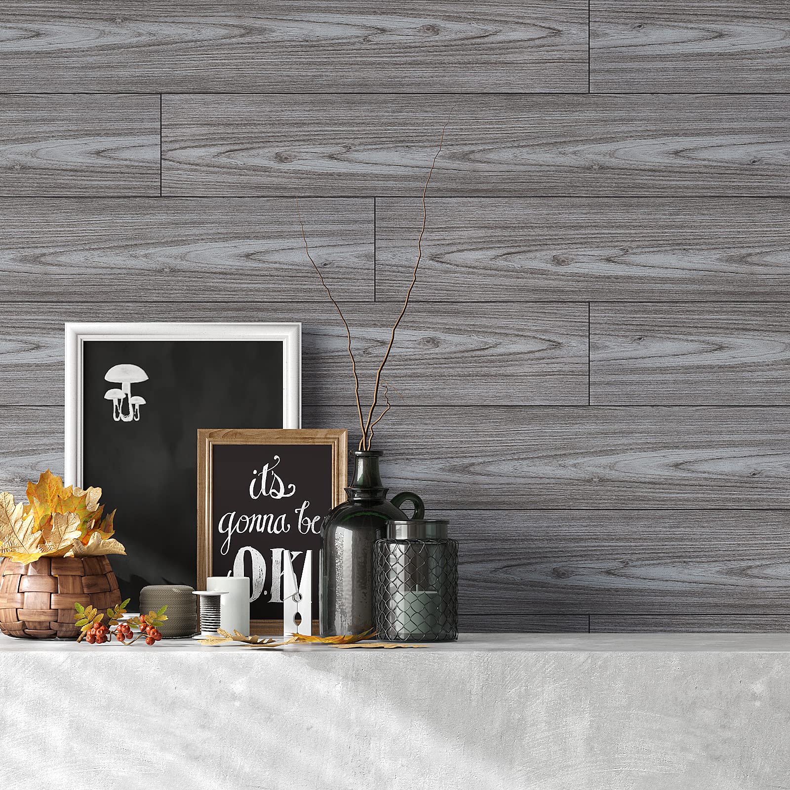 VEELIKE Grey Oak Wood Vinyl Plank Flooring Peel and Stick Waterproof Wood Grain Vinyl Floor Tiles 6''x36'' Self Adhesive Grey Laminate Tile Flooring for Bathroom Kitchen Bedroom RV (4-Pack, 6 Sq. Ft.)