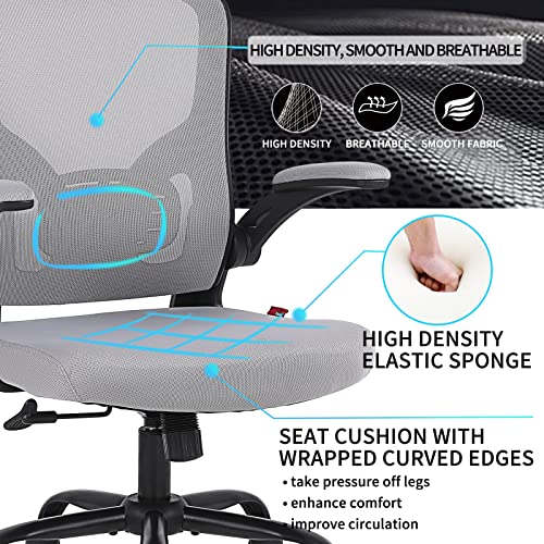Flysky Ergonomic Office Chair, Mesh Home Office Desk Chair with Flip-up Arms and Lumbar Support, Height Adjustable, Swivel, Gray