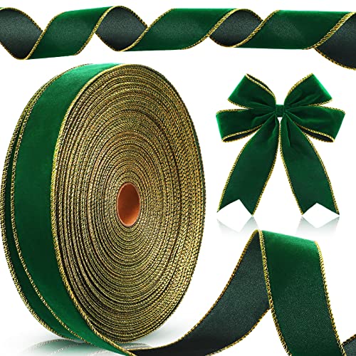 80 Yard Christmas Wired Velvet Ribbon with Gold Edge 2 Inches Christmas Velvet Ribbon Satin Ribbon Vintage Wide Wired Edge Wrapping Ribbon for Xmas Wreath Bows Floral Craft Ornaments Gift (Green)