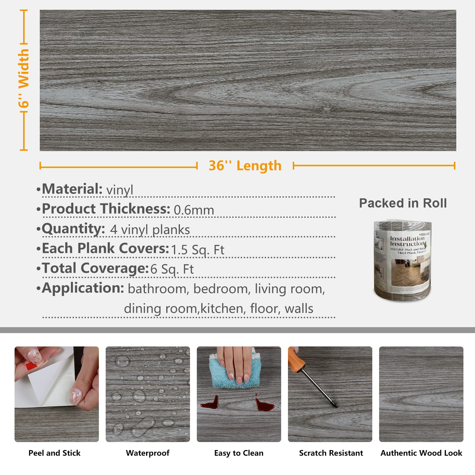 VEELIKE Grey Oak Wood Vinyl Plank Flooring Peel and Stick Waterproof Wood Grain Vinyl Floor Tiles 6''x36'' Self Adhesive Grey Laminate Tile Flooring for Bathroom Kitchen Bedroom RV (4-Pack, 6 Sq. Ft.)