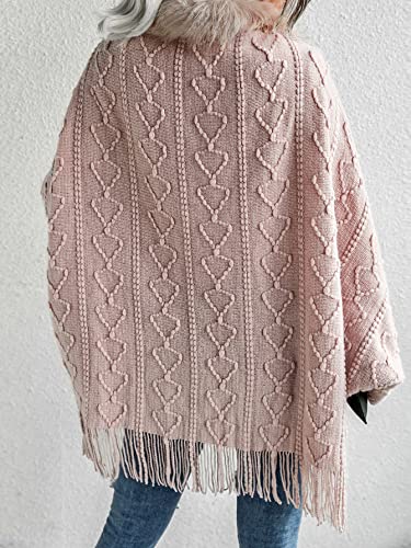 MakeMeChic Women's Textured Knit Fuzzy Trim Fringe Hem Open Front Cape Cardigan Light Pink one-size
