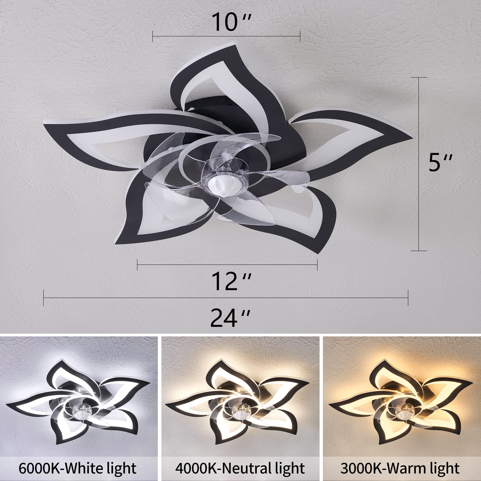 Dalouguan Ceiling Fan with Lights Remote Control, 24" Black, 6 Speeds 3 Light Color Low Profile Flush Mount Ceiling Fan for Kitchen Bedroom
