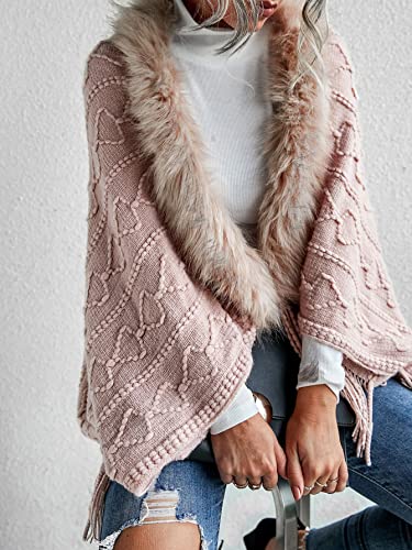 MakeMeChic Women's Textured Knit Fuzzy Trim Fringe Hem Open Front Cape Cardigan Light Pink one-size