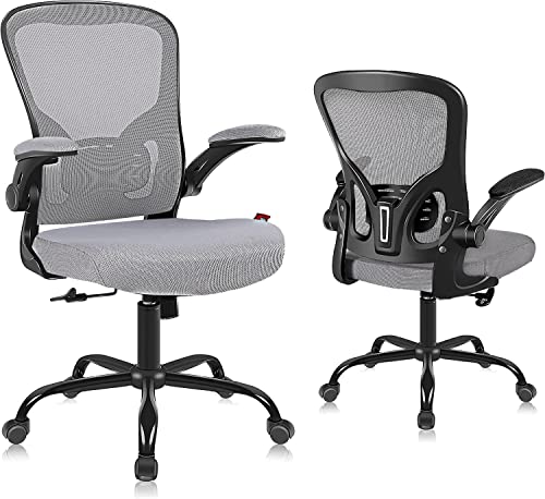 Flysky Ergonomic Office Chair, Mesh Home Office Desk Chair with Flip-up Arms and Lumbar Support, Height Adjustable, Swivel, Gray