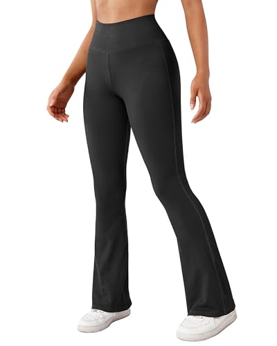 SUUKSESS Women Ribbed Seamless Tummy Control Flare Leggings Bootcut High Waist Workout Yoga Pants 31'' (Black,M)