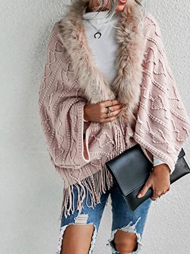 MakeMeChic Women's Textured Knit Fuzzy Trim Fringe Hem Open Front Cape Cardigan Light Pink one-size