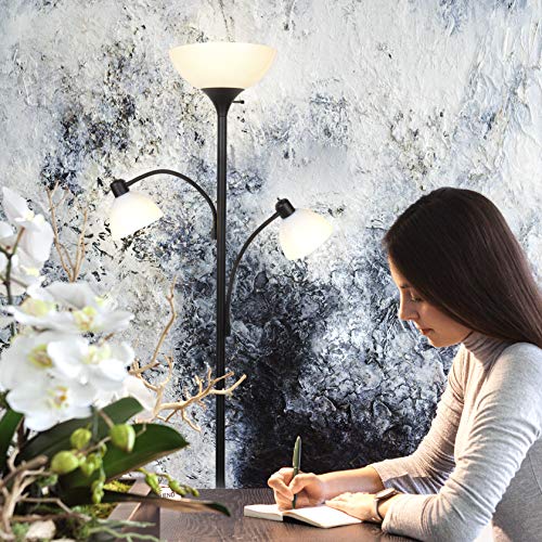 Brightech Sky Dome Double LED Floor lamp, Torchiere Super Bright Floor Lamp with 2 Reading Lamps for Living Rooms & Offices - Dimmable Tall Standing Lamp for Bedroom Reading - Tall Black Pole