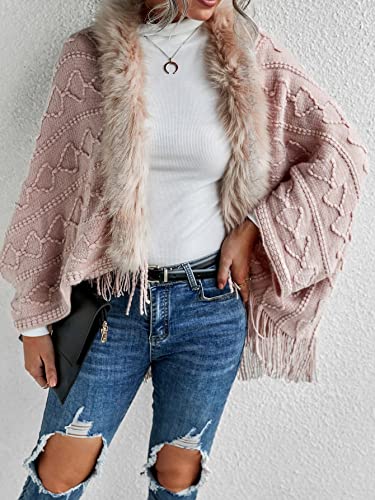 MakeMeChic Women's Textured Knit Fuzzy Trim Fringe Hem Open Front Cape Cardigan Light Pink one-size