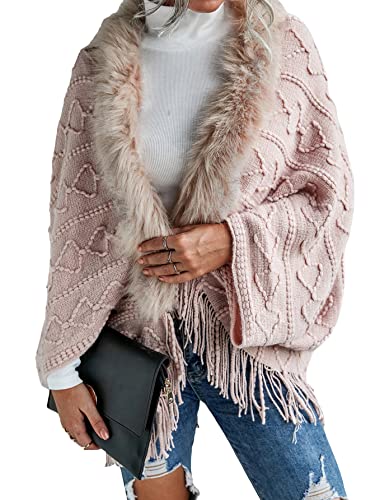 MakeMeChic Women's Textured Knit Fuzzy Trim Fringe Hem Open Front Cape Cardigan Light Pink one-size