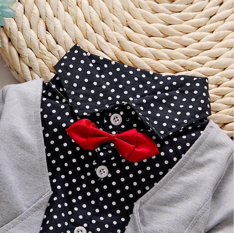Baby Boys 2PCS Pants Suit, Polka Dot Long Sleeve Bow Folded Collar Button-Down Blouse, Long Elastic Band Pants Set (Grey, 6-12 Months)