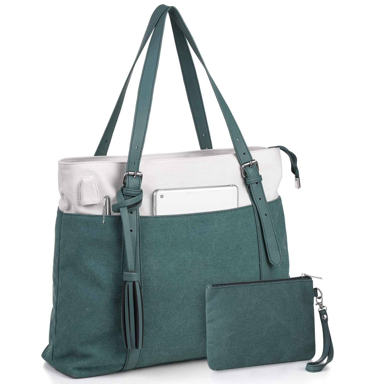 Tote Bag Women,Cute School Bag Bookbag for College,Small Work Purse with Pockets Laptop Compartment 15.6in,Canvas Zippered Shoulder Bag for Teacher Nurse,Green