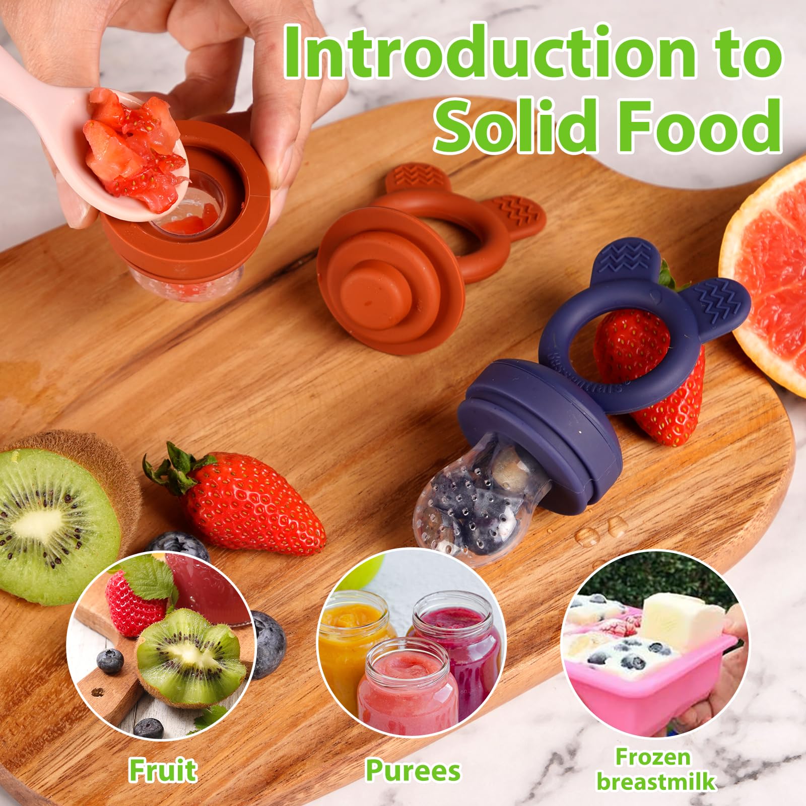 Bessentials Baby Fresh Fruit Food Feeder - 2 Pack Silicone Baby Mesh Feeders for Infant Safe Self Feeding |3 Sizes Food Pouches Included| Suitable for Baby 4m+ (Dark Red & Navy Blue)