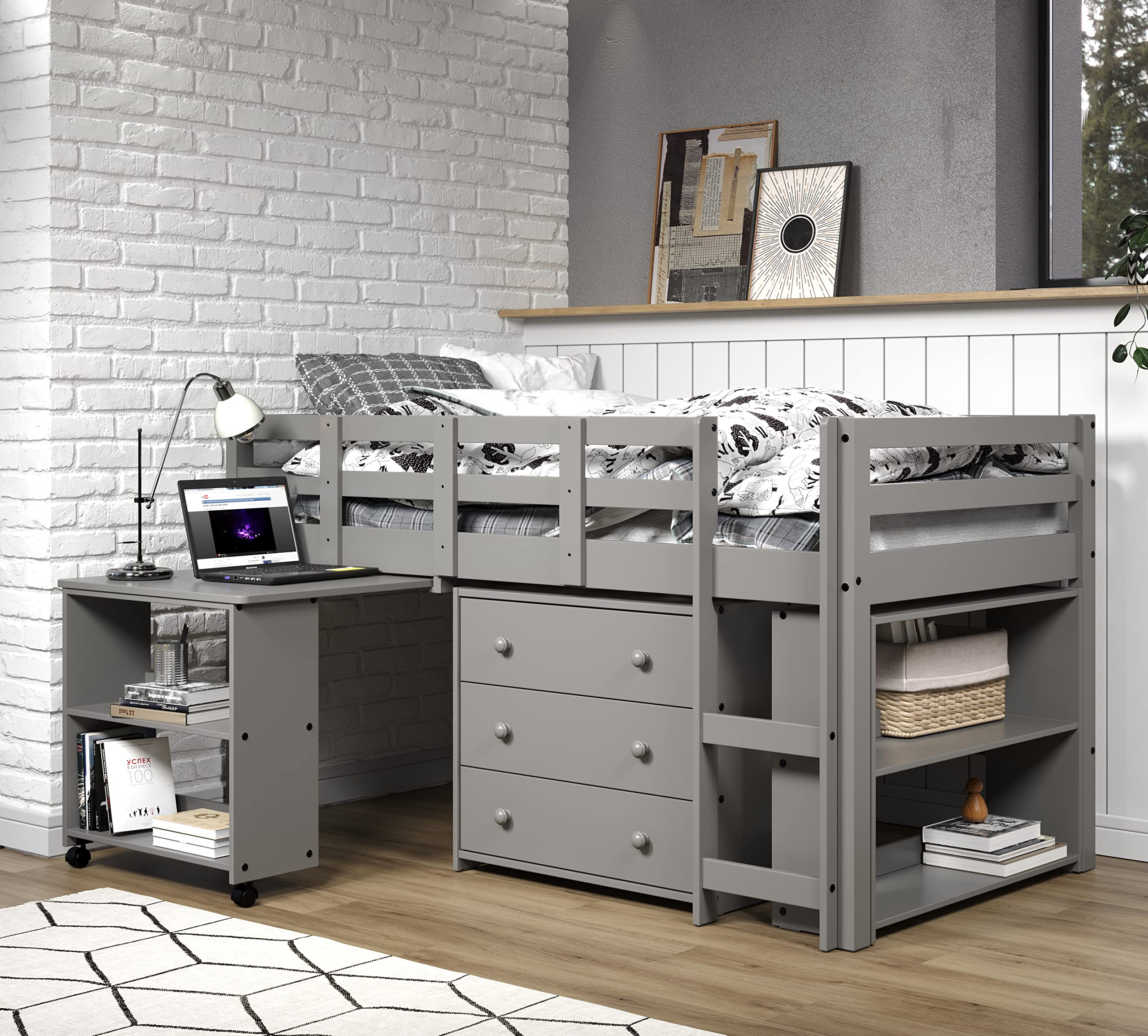 CARTESIAN Grey Solid Wood Twin Kids Low Loft Bed Frame with Rolling Desk, Drawers and Shelves