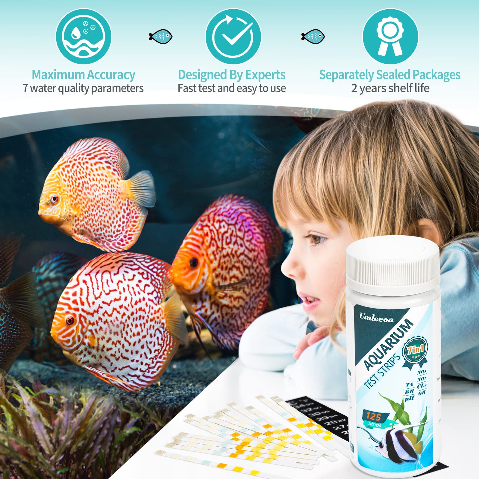 Umlecoa 7 in 1 Aquarium Test Kit for Freshwater and Saltwater - 125 Aquarium Test Strips with Test Tube & Thermometer - Fast & Accurate Water Testing Strips for Aquarium/Pond/Pool