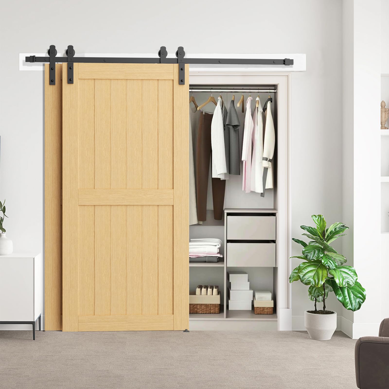 6FT Bypass Sliding Barn Door Hardware Kit, Single Track for Double Door,Heavy Duty,Basic I Pulley,Slide Smoothly Quietly,Easy Install (No Door)