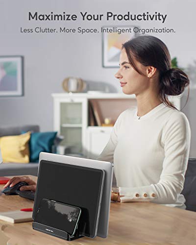 AboveTEK Vertical Laptop Stand 3 Slots for Computer, Tablet, Phone - Fits All Laptop Models (up to 17.3") - Heavy Duty Polished Aluminum Desktop Holder - Anti Slide Silicone Grips - Black
