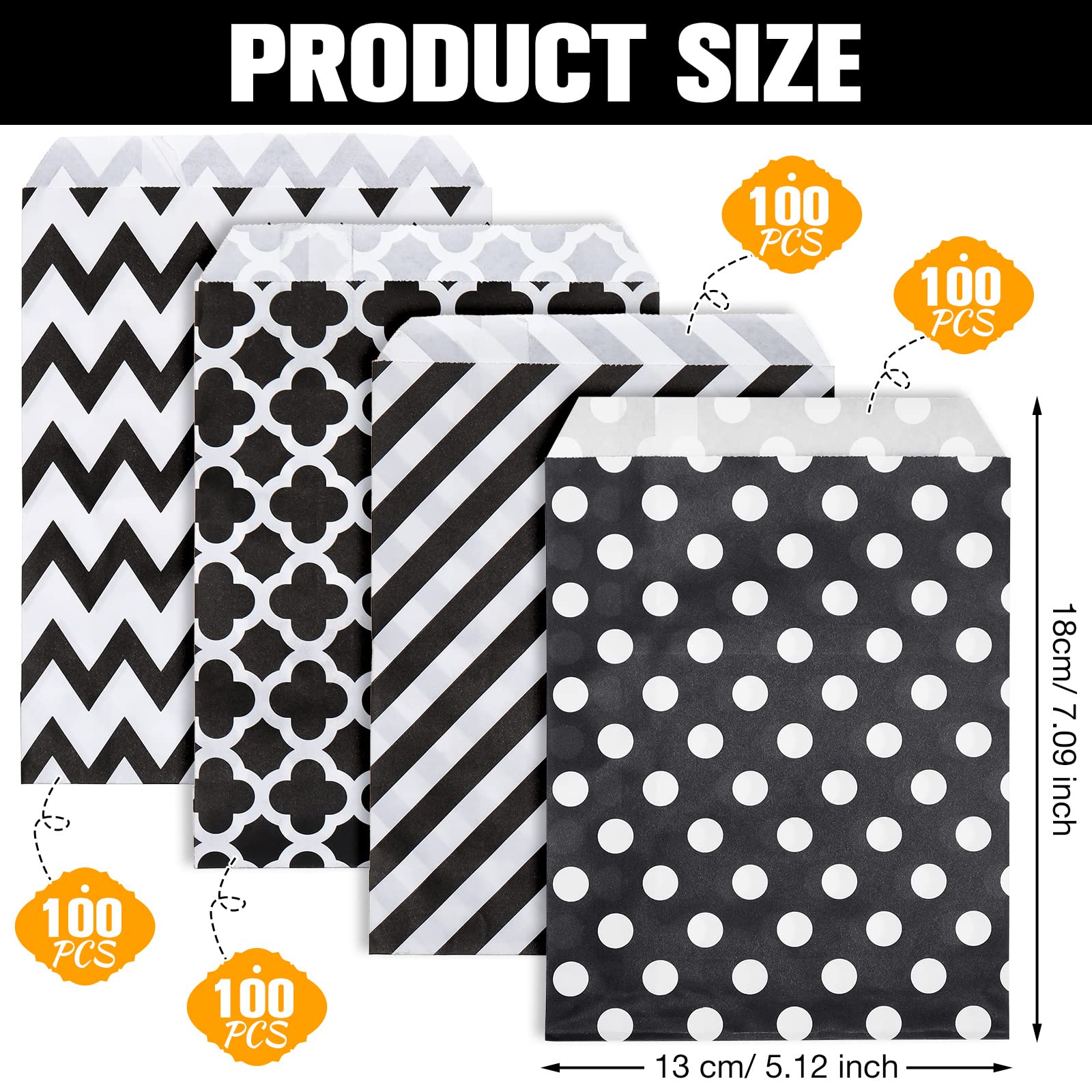 400 Pcs 5 x 7 Inch Paper Treat Bag Black and White Candy Bags Disposable Flat Paper Small Cookie Buffet Snack Packaging for Baked Goods Wedding Food Sandwich