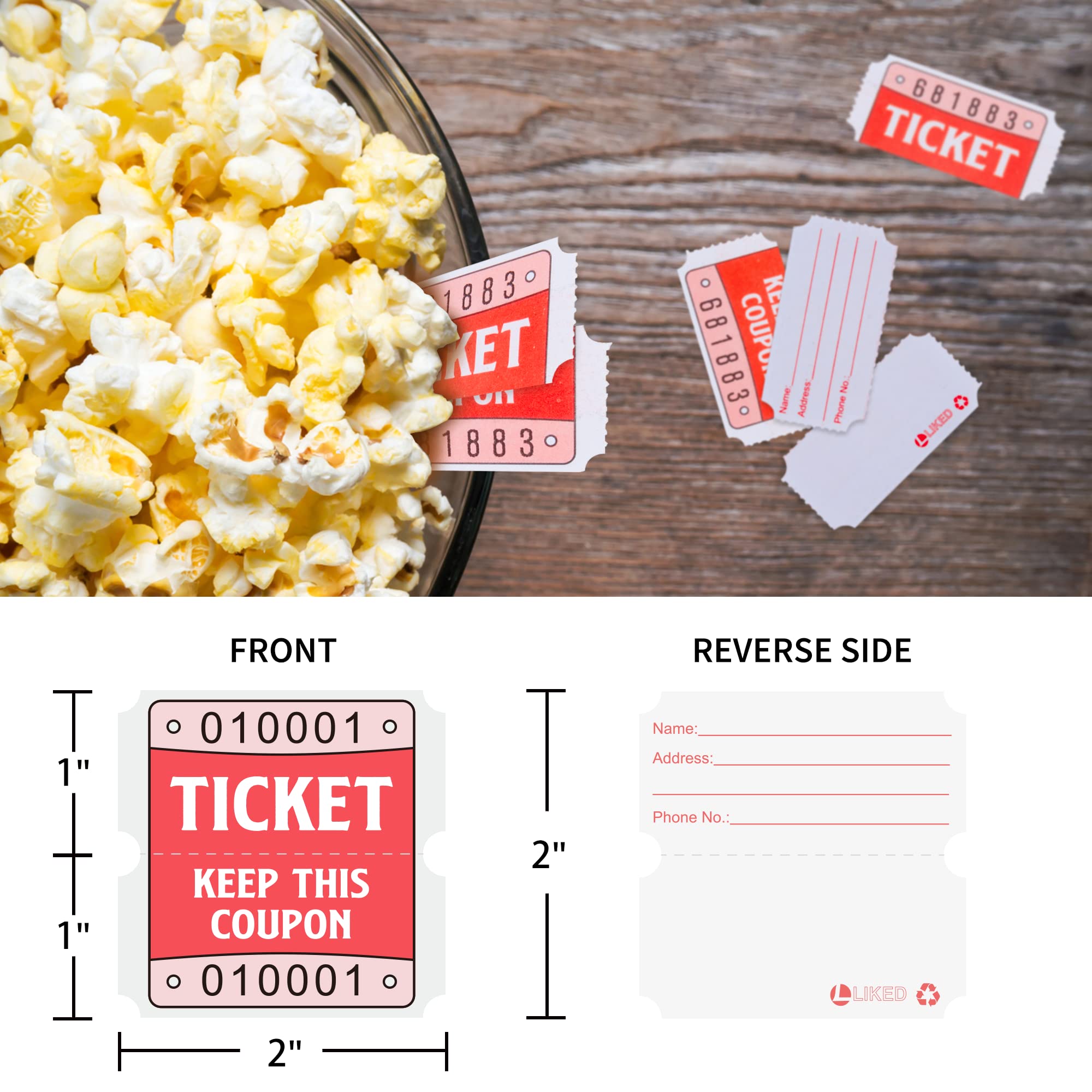 L LIKED Raffle Tickets Double Roll 2000 Tickets Consecutively Numbered 50/50 Raffle Tickets for All Event Party Prize Drawing Perforated Stubs (Easy Read Red)