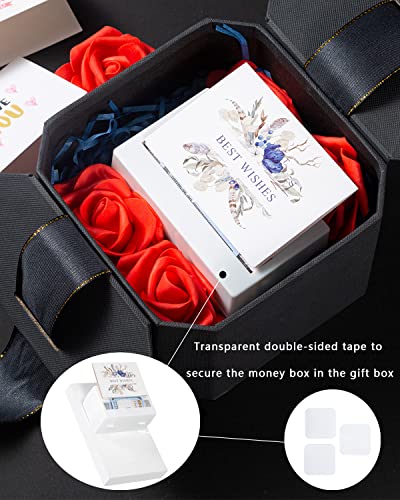 JSUPMKJ Money Pull Box for Cash Gift, Money Roll Gift Box with Flower, Ribbon Gift Box, Money Gift Box Pull for Birthday/Christmas/Valentine's Day (Black)