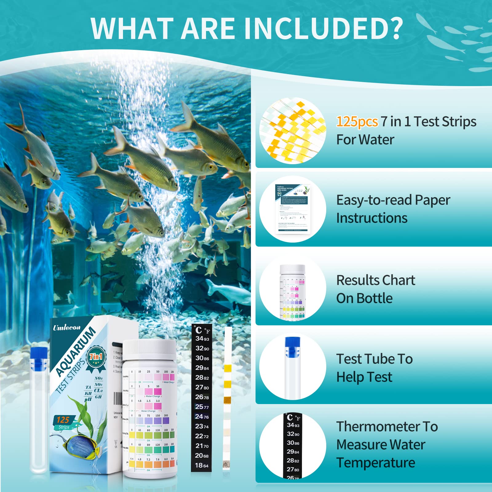 Umlecoa 7 in 1 Aquarium Test Kit for Freshwater and Saltwater - 125 Aquarium Test Strips with Test Tube & Thermometer - Fast & Accurate Water Testing Strips for Aquarium/Pond/Pool
