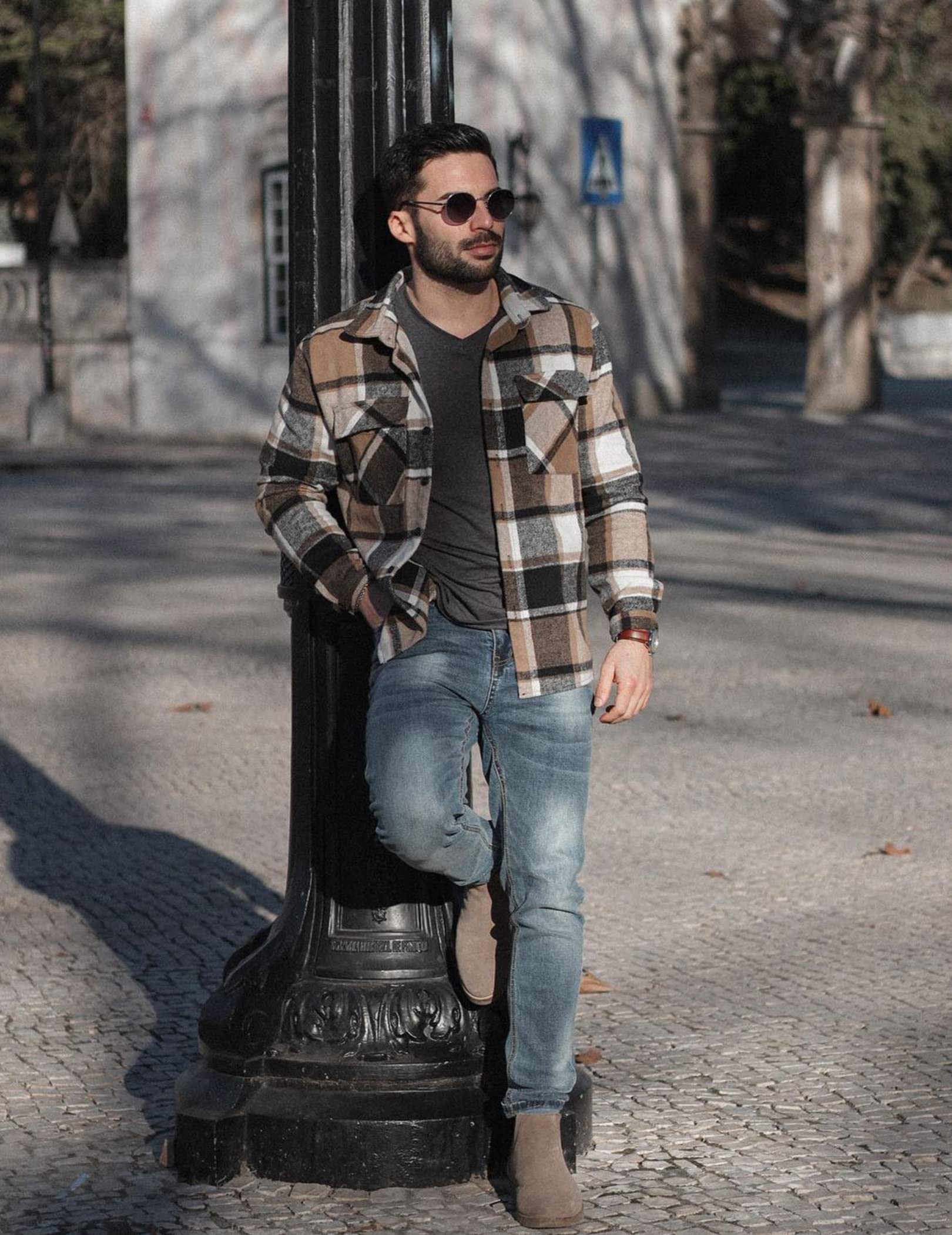 ZAFUL Men's Long Sleeve Flannel Plaid Shirt Jacket Casual Button Down Shacket Jackets (Coffee S)