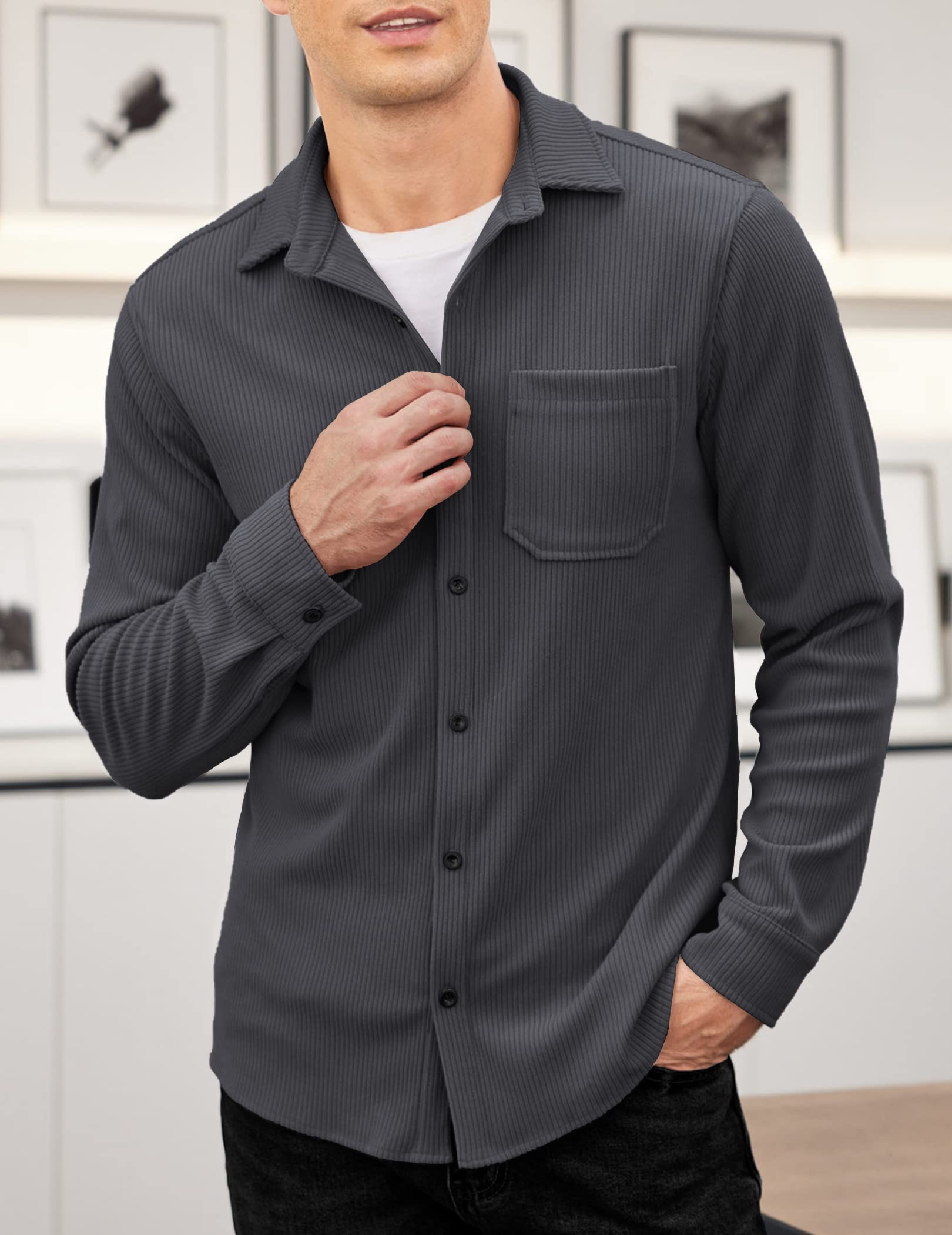 COOFANDY Men's Corduroy Shacket Casual Button Up Work Jackets Lightweight Shirt Jacket Dark Grey
