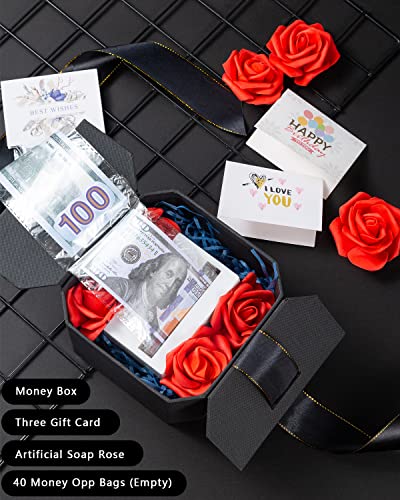 JSUPMKJ Money Pull Box for Cash Gift, Money Roll Gift Box with Flower, Ribbon Gift Box, Money Gift Box Pull for Birthday/Christmas/Valentine's Day (Black)