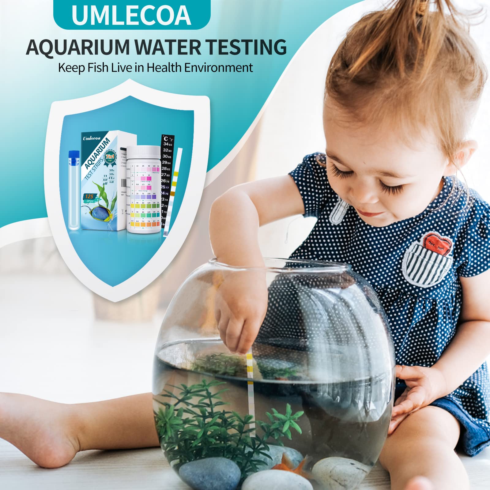 Umlecoa 7 in 1 Aquarium Test Kit for Freshwater and Saltwater - 125 Aquarium Test Strips with Test Tube & Thermometer - Fast & Accurate Water Testing Strips for Aquarium/Pond/Pool