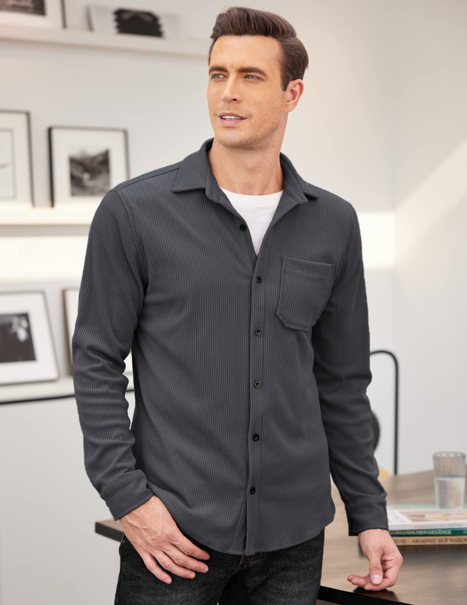 COOFANDY Men's Corduroy Shacket Casual Button Up Work Jackets Lightweight Shirt Jacket Dark Grey