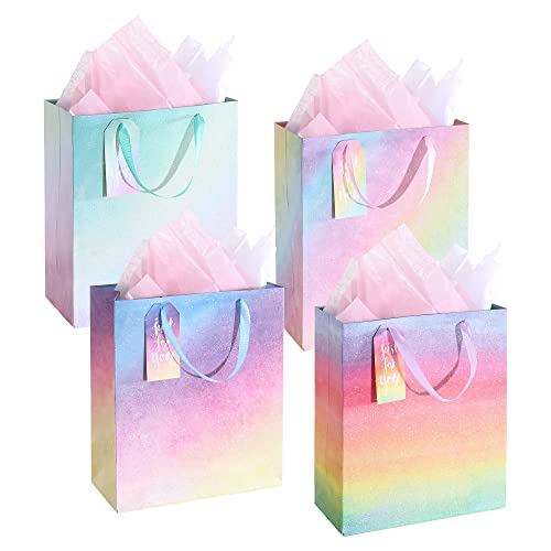 Large Gift Bags with Handles - 4 Packs 10" X 5" X 12" Paper Glitter Colorful Paper Bags with Tissue Paper for Birthdays, Weddings, Anniversaries, Mother's Day, Parties, Baby Shower Goodie BagsĀ”Ā