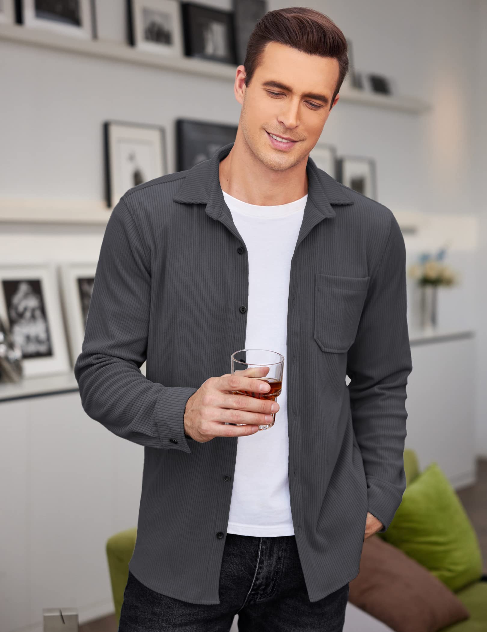 COOFANDY Men's Corduroy Shacket Casual Button Up Work Jackets Lightweight Shirt Jacket Dark Grey