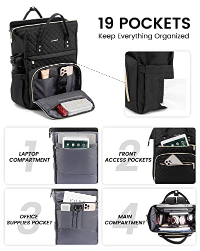 LOVEVOOK Laptop Backpack Women, Stylish Quilted Computer Backpack with USB Port for Work, Waterproof Backpack Purse fits 15.6 inch Laptop, Nurse Teacher Backpack Travel Bags, Lozenge-Black