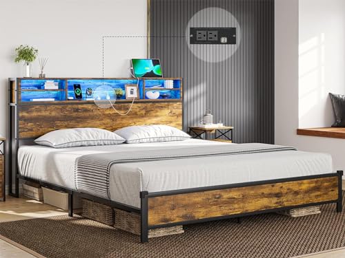 ADORNEVE LED Full Size Bed Frame with Headboard Stoarge, Platform Bed Frame with Outlets and USB Ports, Metal Bed Frame with LED Lights & Storage, Noise Free, No Box Spring Needed, Vintage Brown