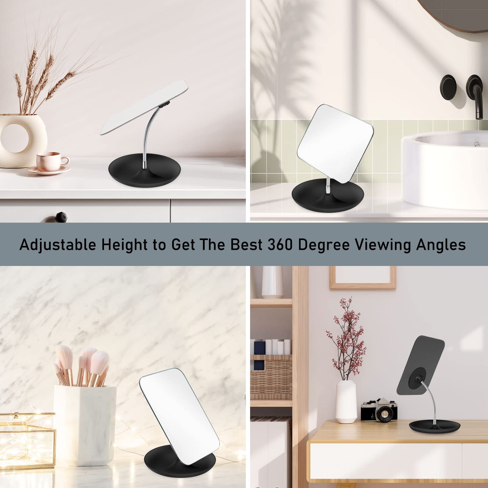 LFOYOU Table Vanity Mirror with Stand - Makeup Mirror for Desk - Adjustable Flexible Gooseneck, 360°Rotation Folding Portable Bathroom Shaving Cosmetic Mirror Square