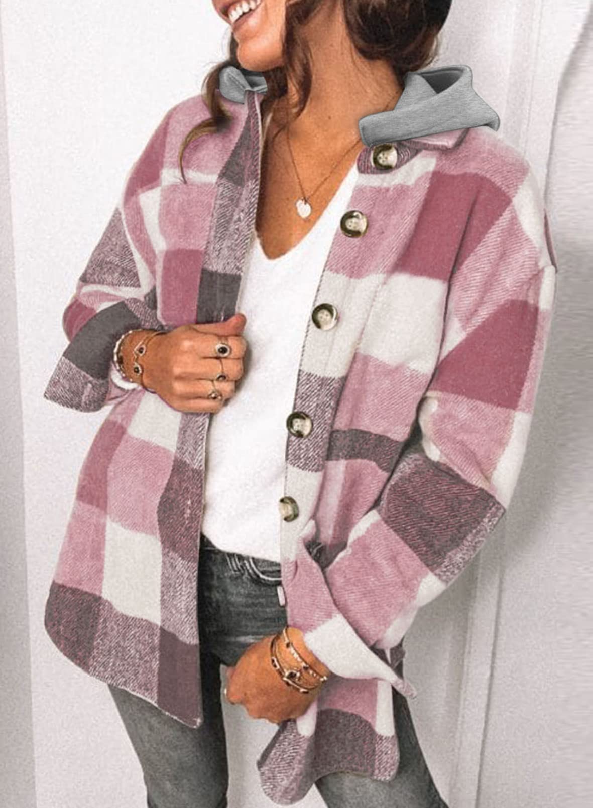SHEWIN Womens Casual Plaid Hooded Flannel Shirts Casual Fall Long Sleeve Button Up Shacket Jacket Coat Tops with Pockets,US 12-14(L),Rose