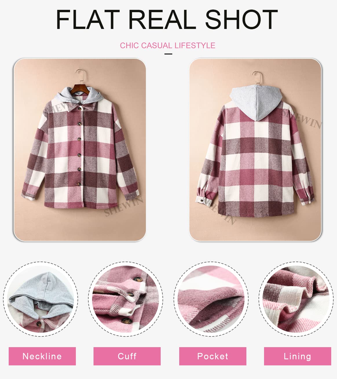 SHEWIN Womens Casual Plaid Hooded Flannel Shirts Casual Fall Long Sleeve Button Up Shacket Jacket Coat Tops with Pockets,US 12-14(L),Rose