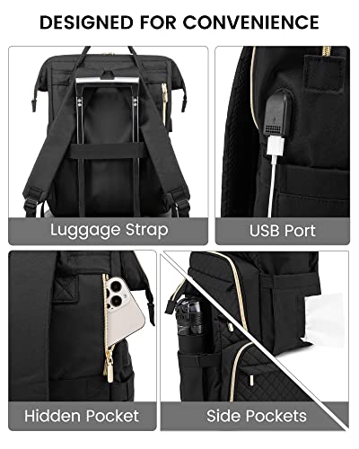LOVEVOOK Laptop Backpack Women, Stylish Quilted Computer Backpack with USB Port for Work, Waterproof Backpack Purse fits 15.6 inch Laptop, Nurse Teacher Backpack Travel Bags, Lozenge-Black