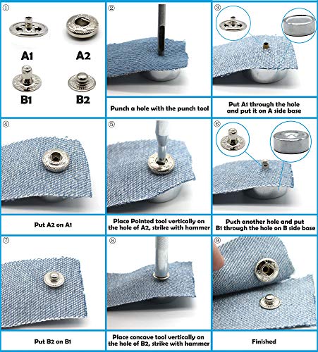 12 Sets Heavy Duty Leather Snap Fasteners Kit, 15mm Metal Snap Buttons Kit Press Studs with 4 Install Tools, Leather Rivets and Snaps for Clothing, Leather, Jeans, Jackets, Bracelets, Bags (Black)
