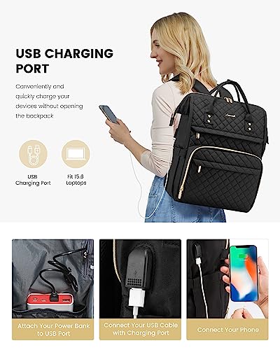 LOVEVOOK Laptop Backpack Women, Stylish Quilted Computer Backpack with USB Port for Work, Waterproof Backpack Purse fits 15.6 inch Laptop, Nurse Teacher Backpack Travel Bags, Lozenge-Black